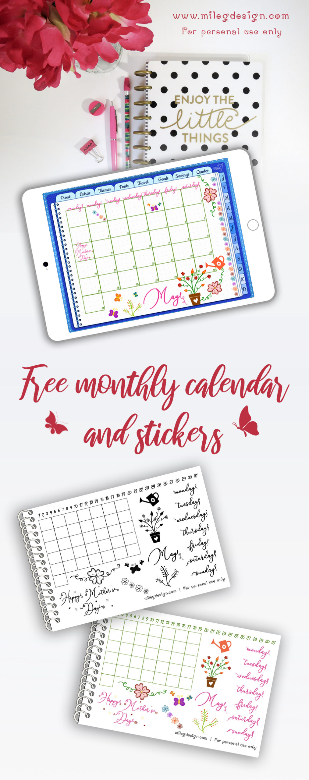 Free May Monthly Calendar and Stickers - Mile Digital Bullet Journal